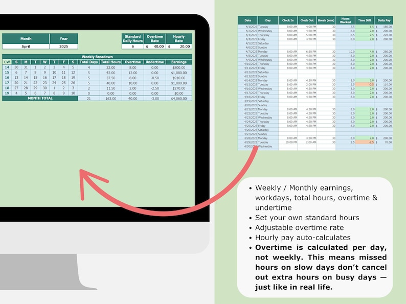 Clock in & Out Timesheet: Auto Hour Tracking, Overtime Pay Calculator (excel, Google Sheets) - Etsy