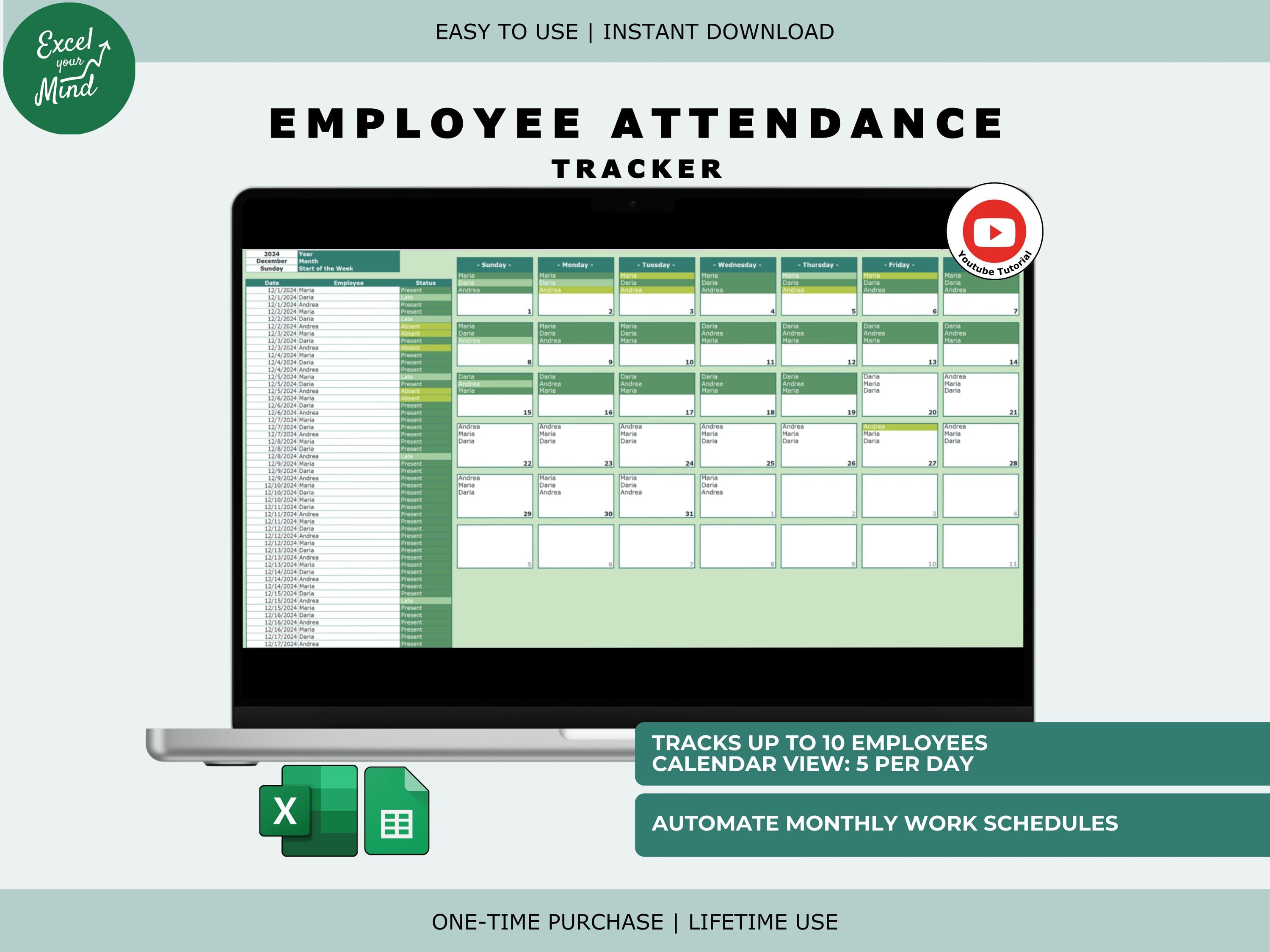 Employee Attendance Tracker: Monthly Calendar View + Status Log (excel ...