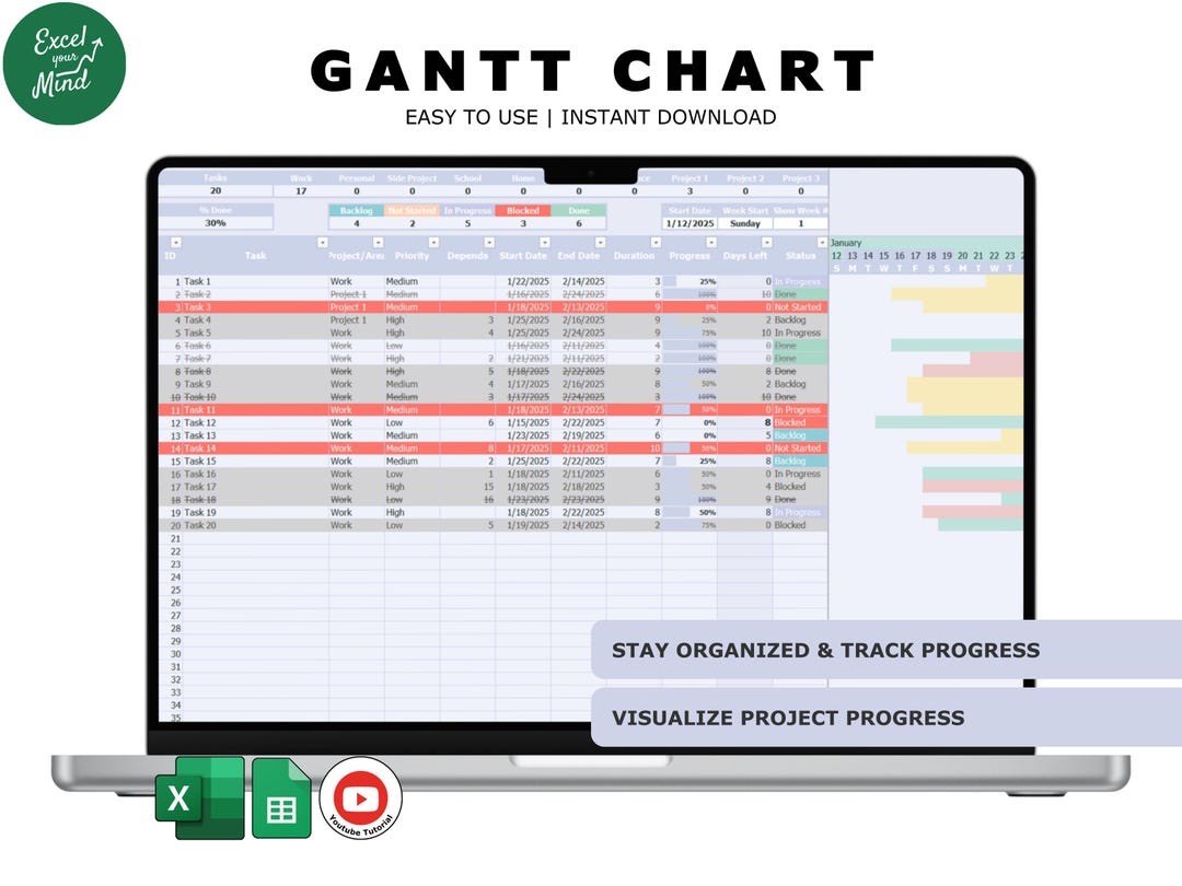 Personal Gantt Chart Excel | Task Project Tracker | Productivity ...