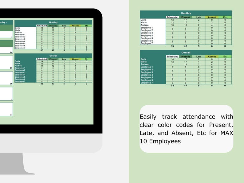 Employee Attendance Tracker: Monthly Calendar View + Status Log (excel ...