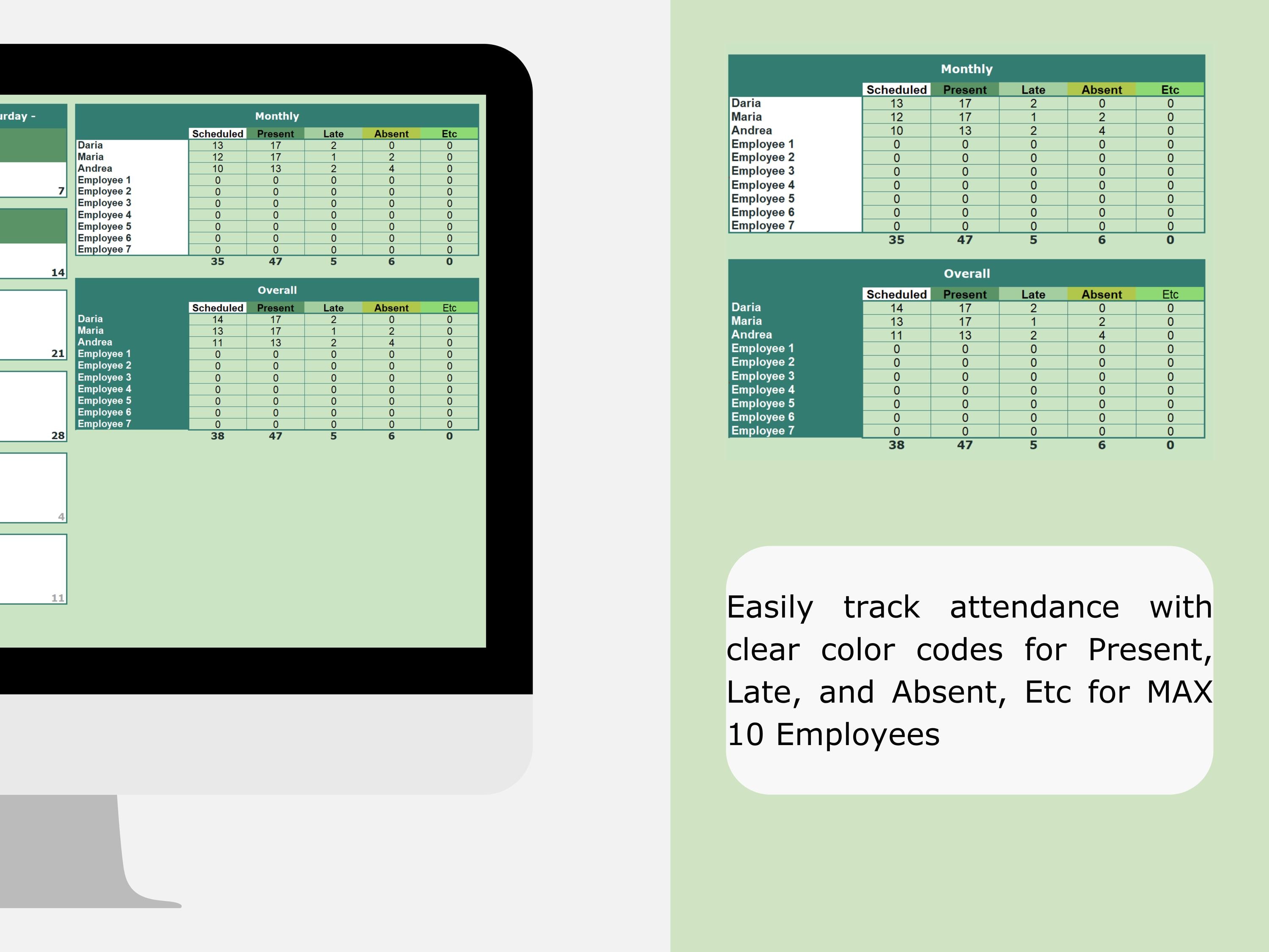 Employee Attendance Tracker: Monthly Calendar View + Status Log (excel ...