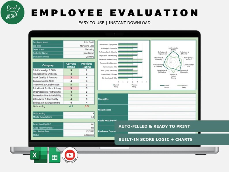 Employee Evaluation Spreadsheet: Performance Review Scorecard With Auto ...