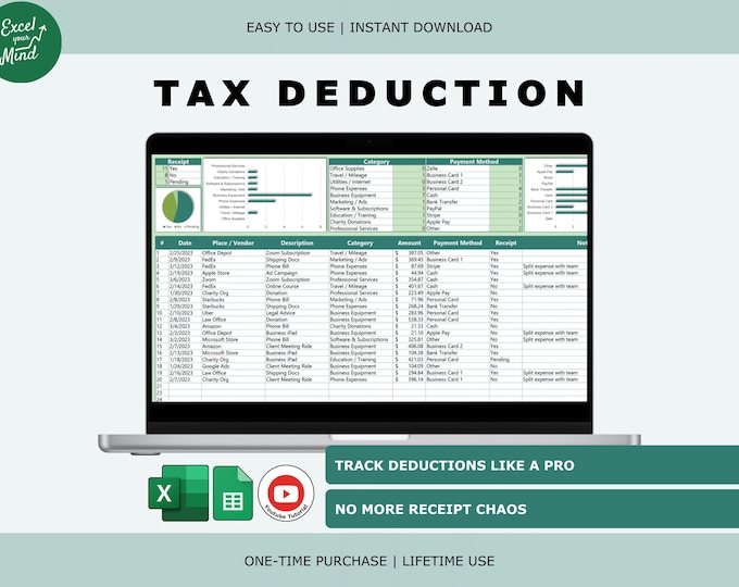 Tax Deduction Tracker With Dashboard: Business Expense Log, Receipt ...
