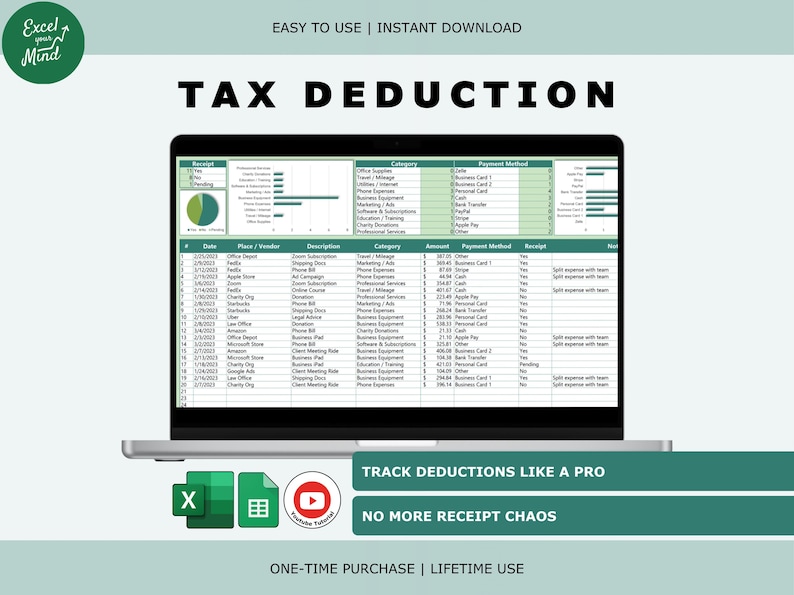 Tax Deduction Tracker With Dashboard: Business Expense Log, Receipt Organizer (excel & Google ...