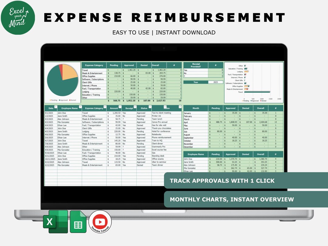 Expense Reimbursement Tracker: Employee Approvals, Receipts, Monthly ...