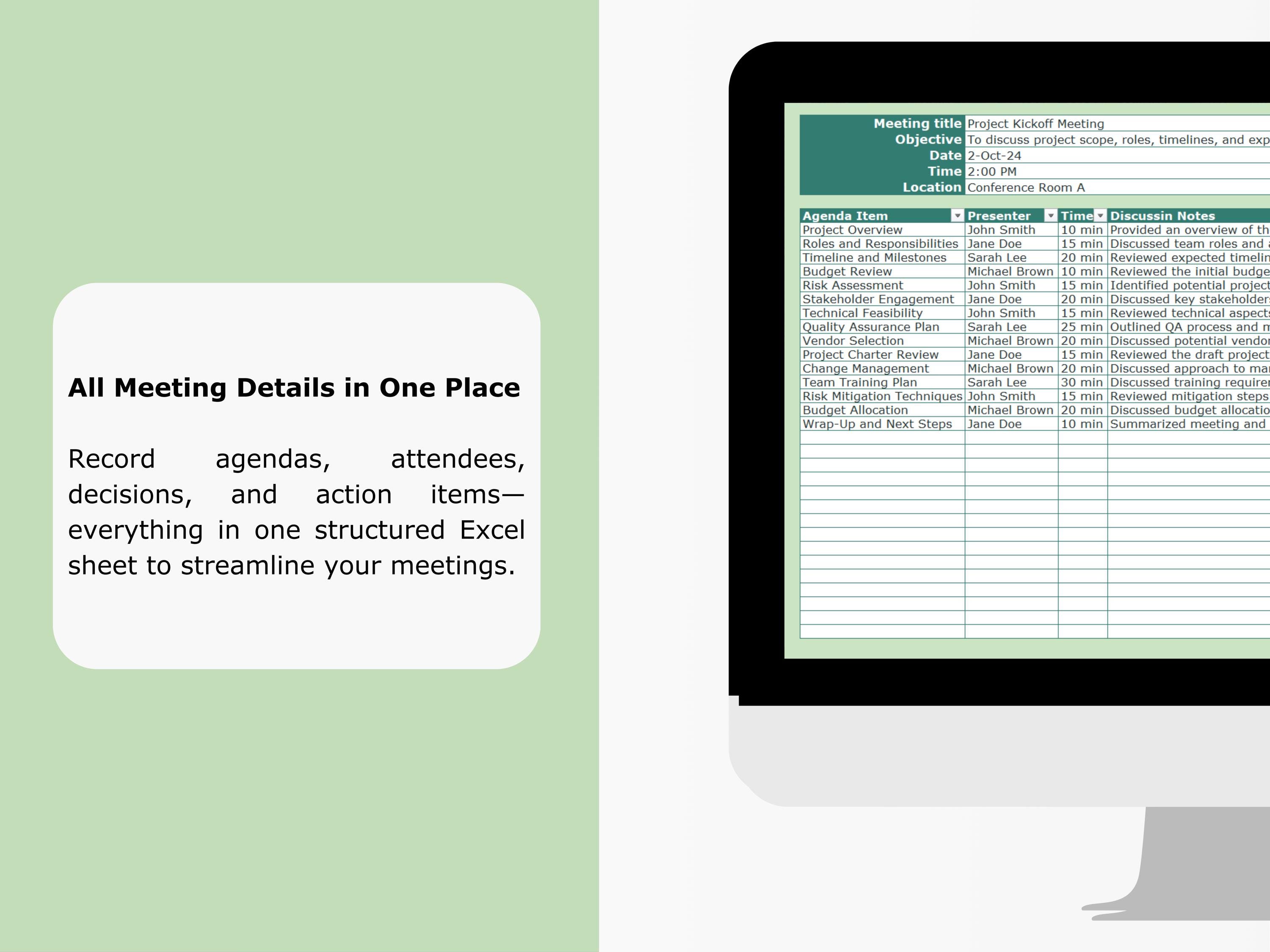 Meeting Notes: Agenda, Decisions, Due Dates (excel & Google Sheets) - Etsy