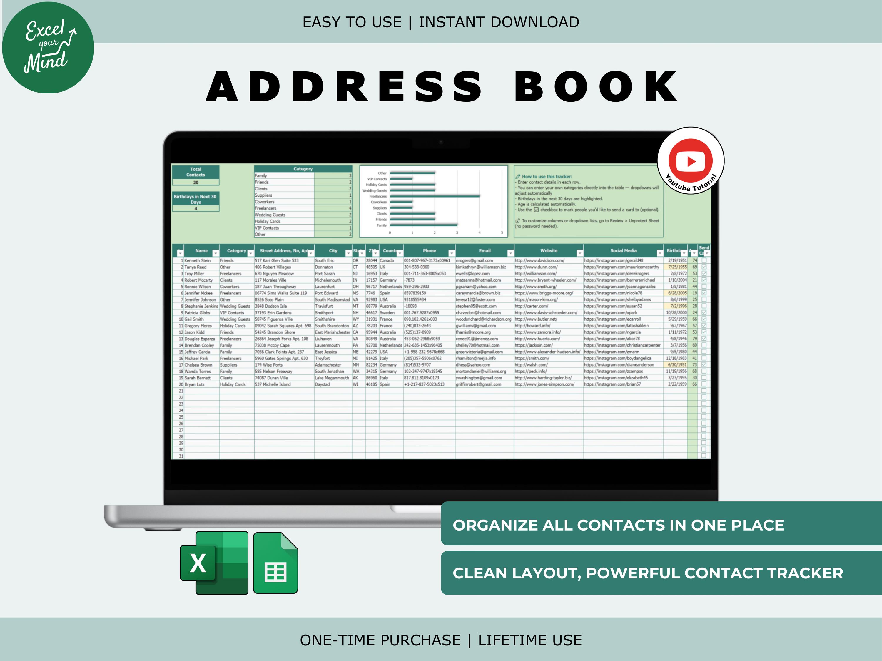 Contact List Address Book Spreadsheet: Contact Tracker With Categories ...