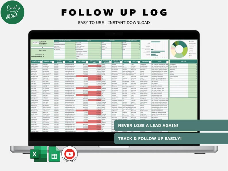 Lead Client Follow-up Log (excel & Google Sheets) | Sales Pipeline ...