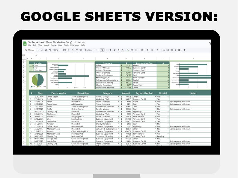 Tax Deduction Tracker With Dashboard: Business Expense Log, Receipt ...