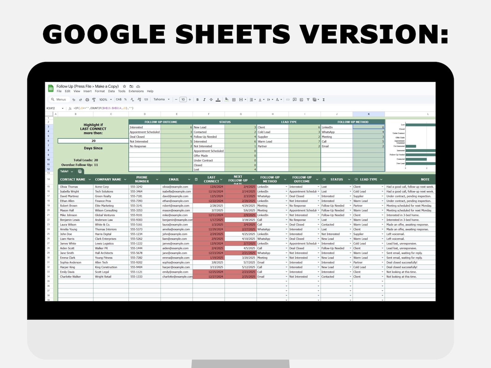 Client & Follow-up Tracker, Lead CRM Spreadsheet, Contact Log, Small ...
