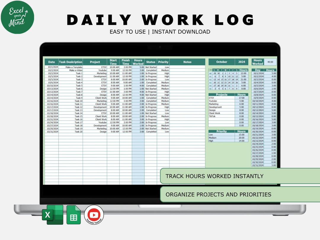Daily Work Log Excel Template | Track Time Projects Priorities ...