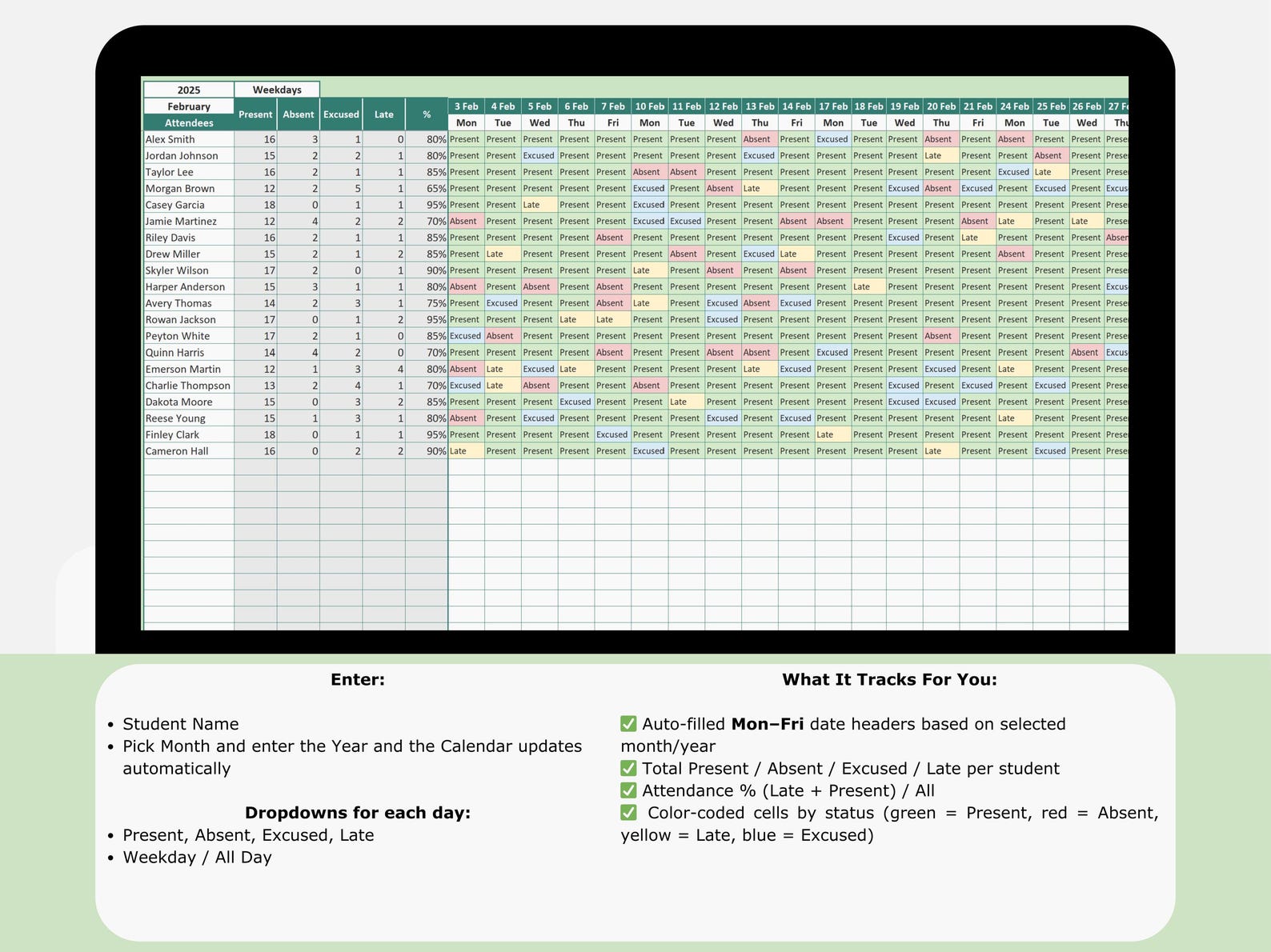 Employee Attendance Tracker | Monthly Attendance Sheet (excel & Google ...