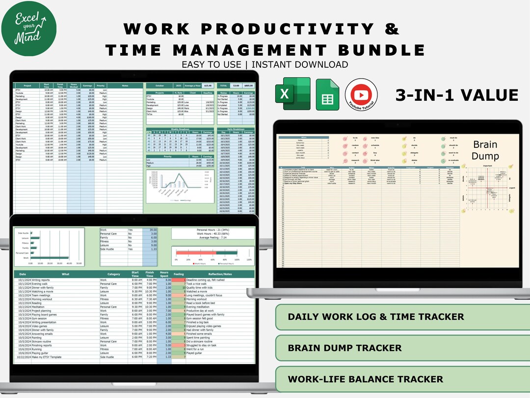 Work Productivity Time Management Bundle | Daily Work Log, Brain Dump ...