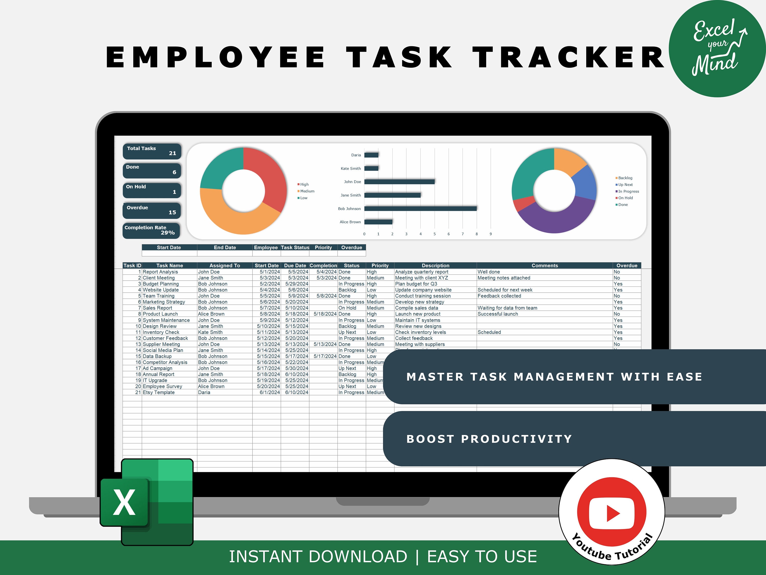 Employee Task Tracker Excel Template | Project Management Tool | Team ...