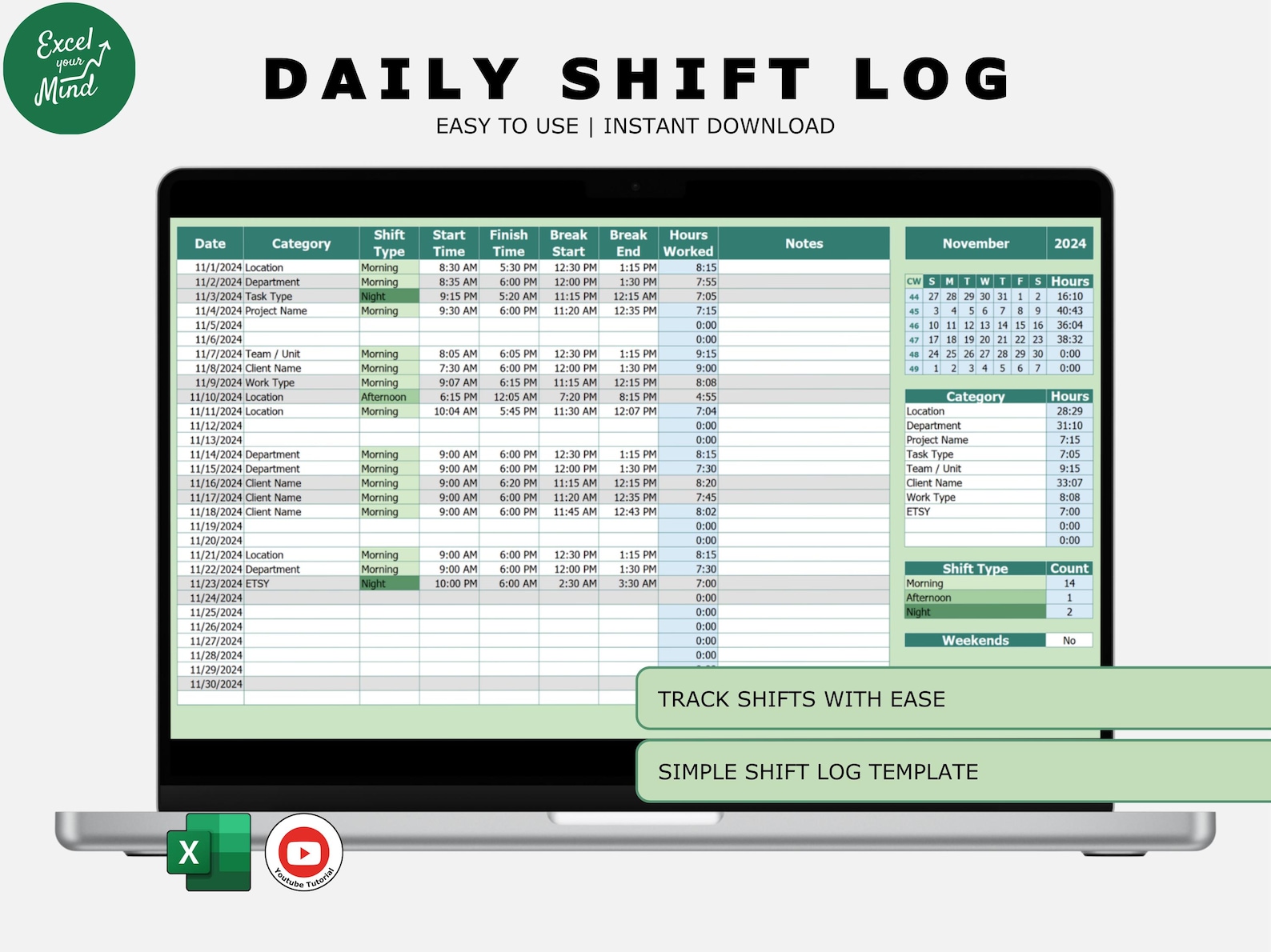 Daily Shift Log Spreadsheet: Auto Hours Overtime Tracker (excel ...