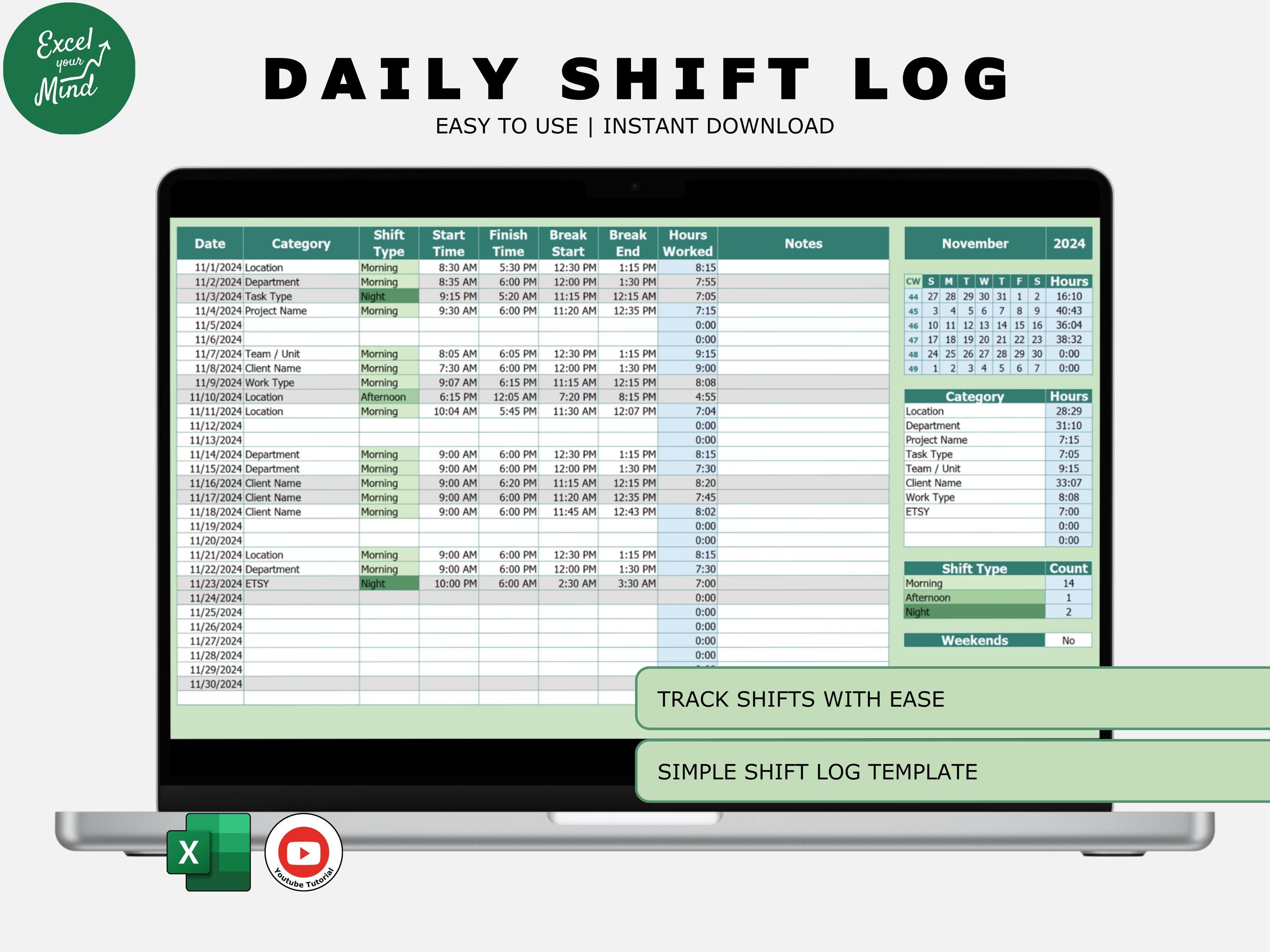 Daily Shift Log Template - Track Work Hours & Breaks , Shift Category ...