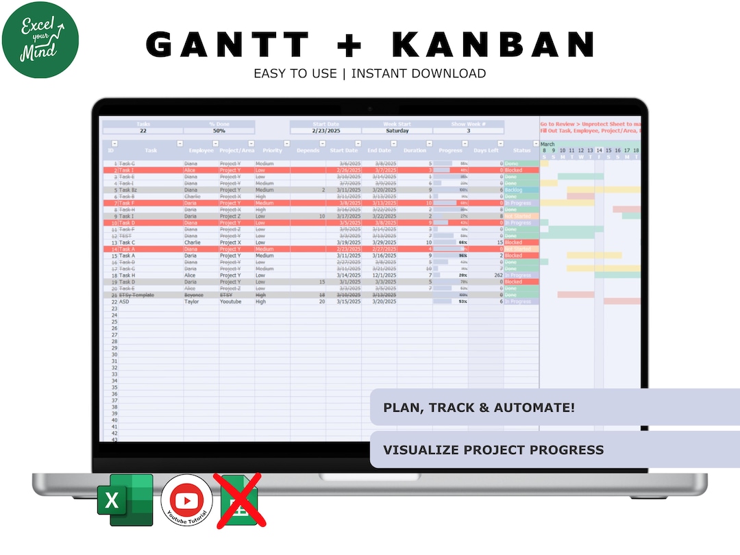 Gantt Chart & Kanban Board | Excel Project Planner With Auto Task ...