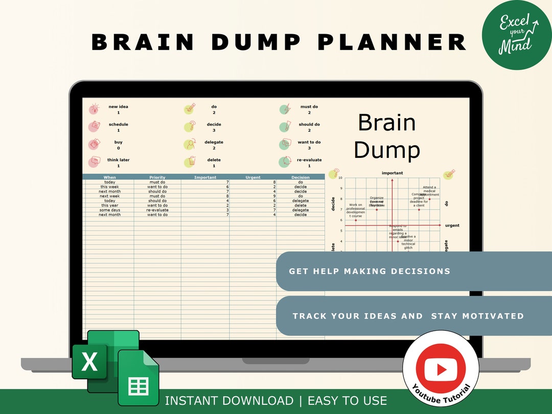 Brain Dump Planner | Decision Matrix Excel | Priority Task Tracker ...