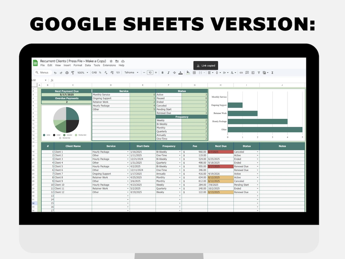 Client Payment Tracker Spreadsheet: Color-coded Overdue, Charts (excel ...