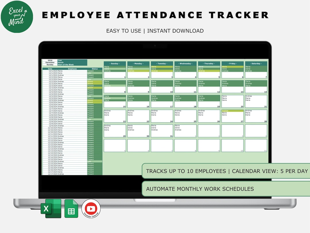 Employee Attendance Tracker: Monthly Calendar View + Status Log (excel ...