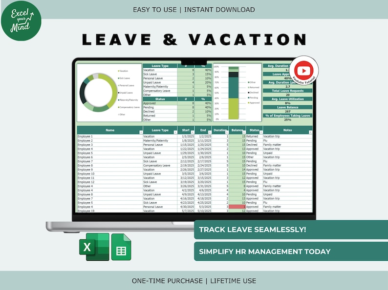 Leave & Vacation Tracker: Employee Time off Log (exce,yes Google Sheets ...