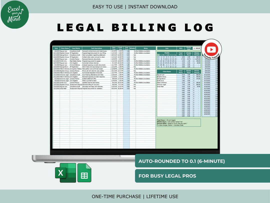 Legal Timesheet Template: Billable Hours Tracker With Auto-rounding ...