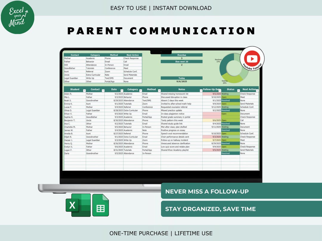 Parent Communication Log With Follow-up Tracker + Status Summary (excel ...