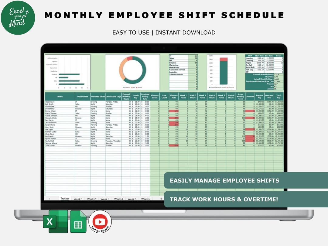 Monthly Employee Shift Schedule | Staff Roster Attendance Tracker ...