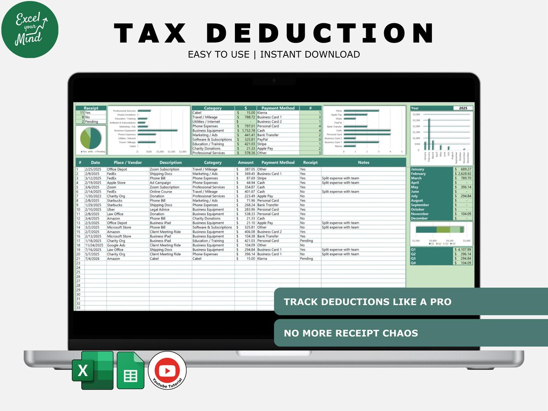 Tax Deduction Tracker With Dashboard | Monthly Quarterly Breakdown ...