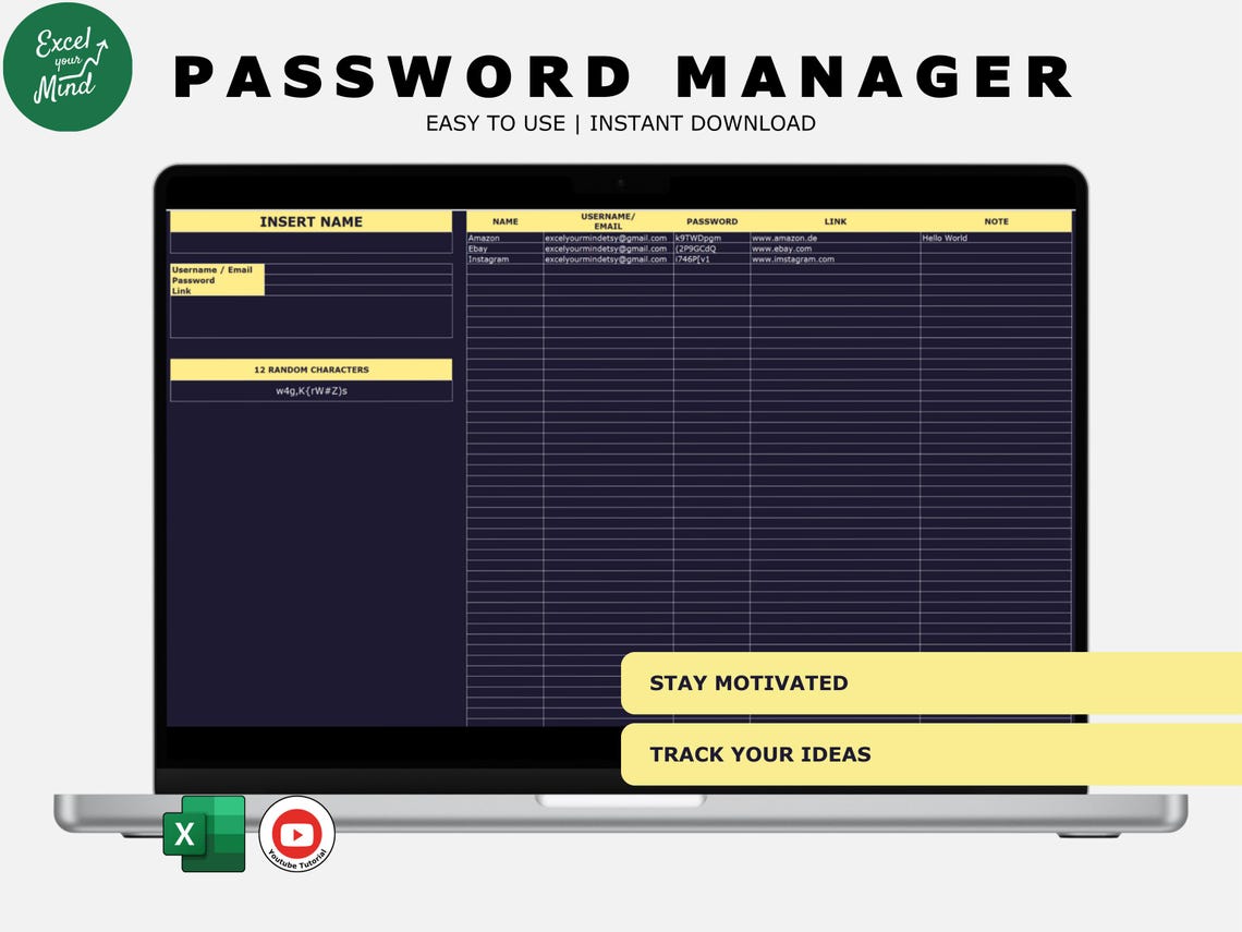 Password Manager Excel | Accounts Tracker Spreadsheet Template With ...