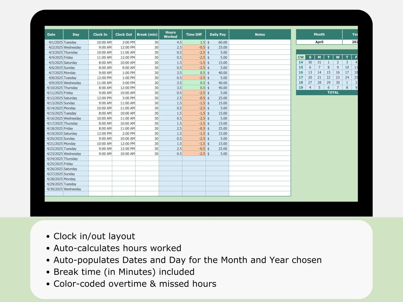 Employee Timesheet Tracker Excel Template | Clock in & Out, Overtime ...
