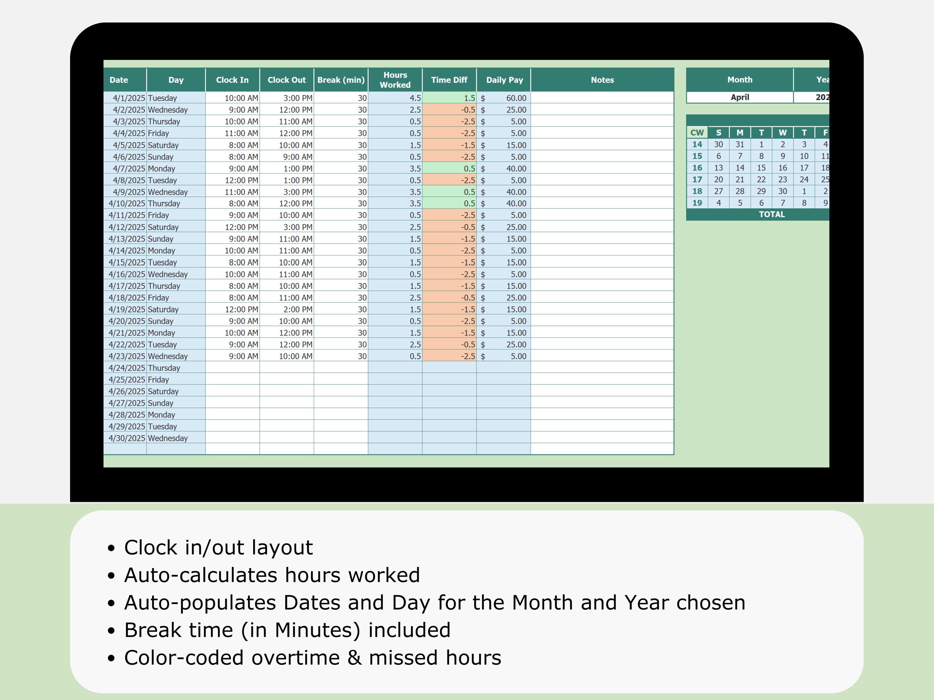 Employee Timesheet Tracker Excel Template | Clock in & Out, Overtime ...
