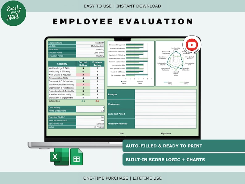 Employee Evaluation Spreadsheet: Performance Review Scorecard With Auto ...