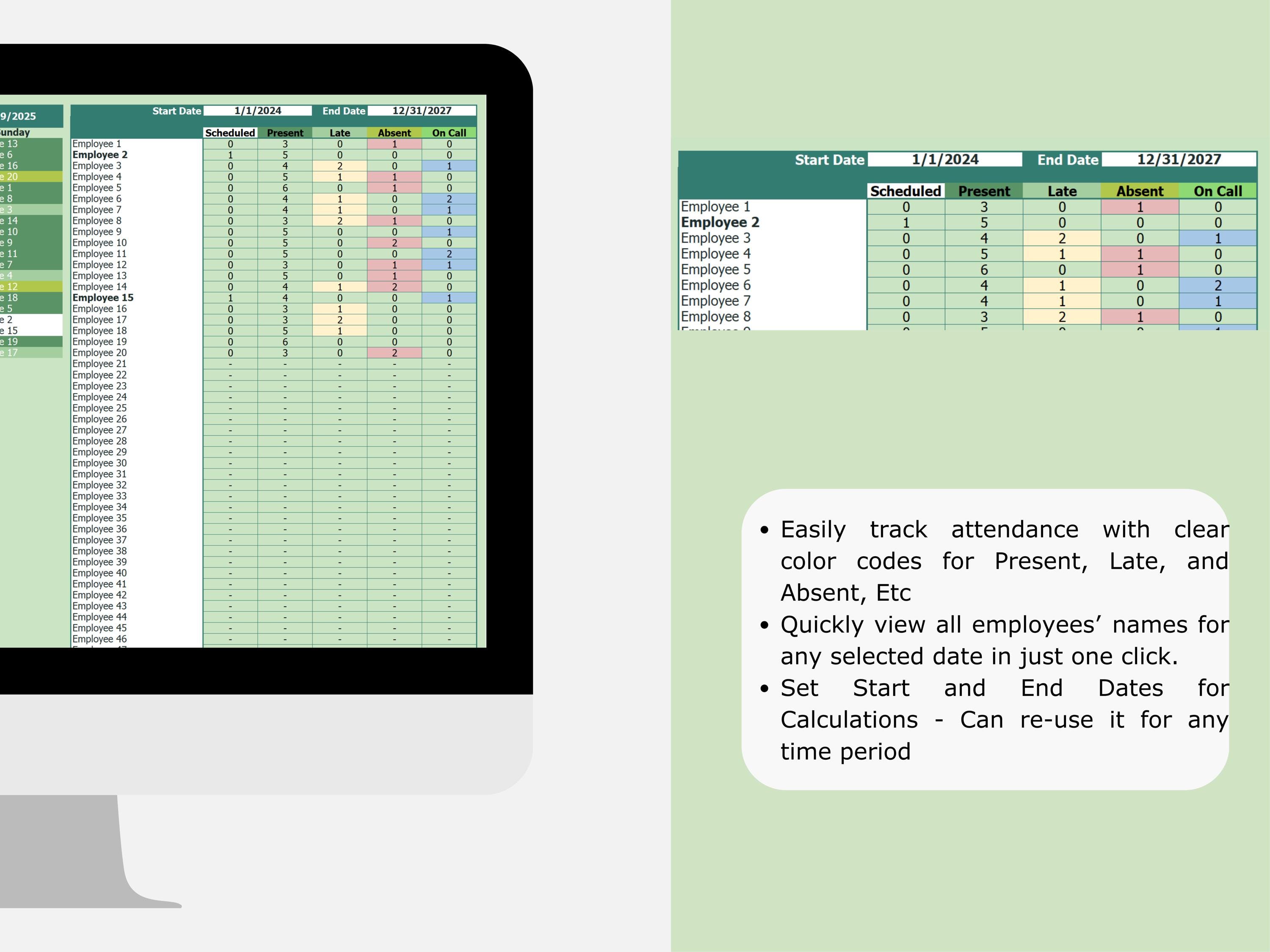 Employee Attendance Tracker: Monthly Calendar View + Status Log (excel ...