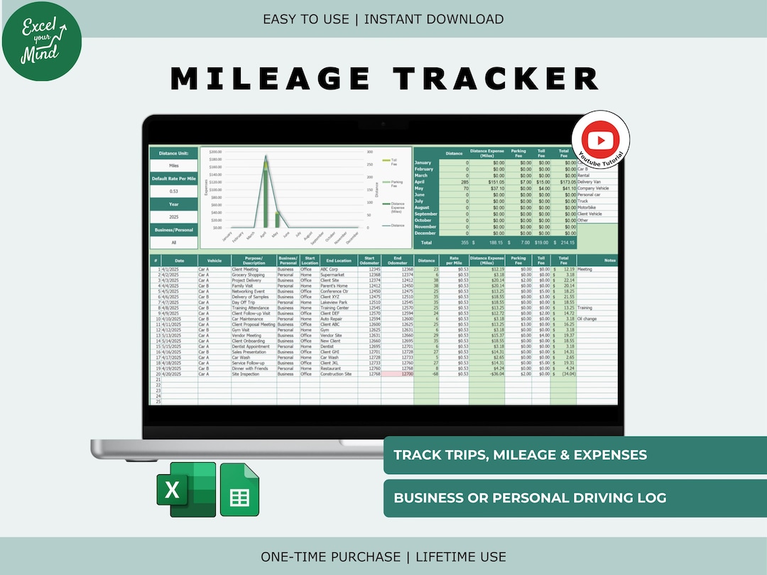 Mileage Tracker Spreadsheet: Auto Distance, Business/personal Filter ...