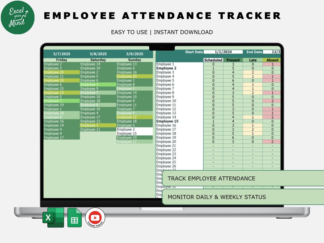 Employee Attendance Tracker: Monthly Calendar View + Status Log (excel ...