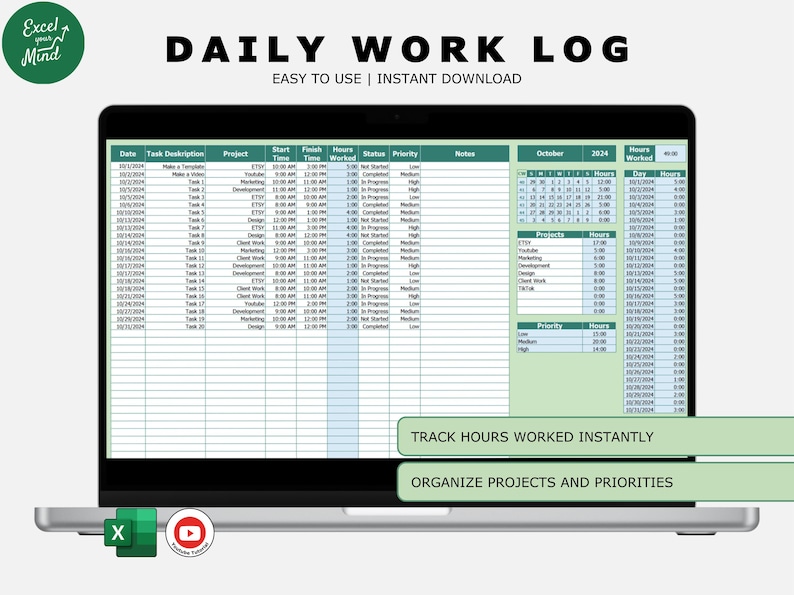 Daily Work Log Excel Template Track Time Projects Priorities ...