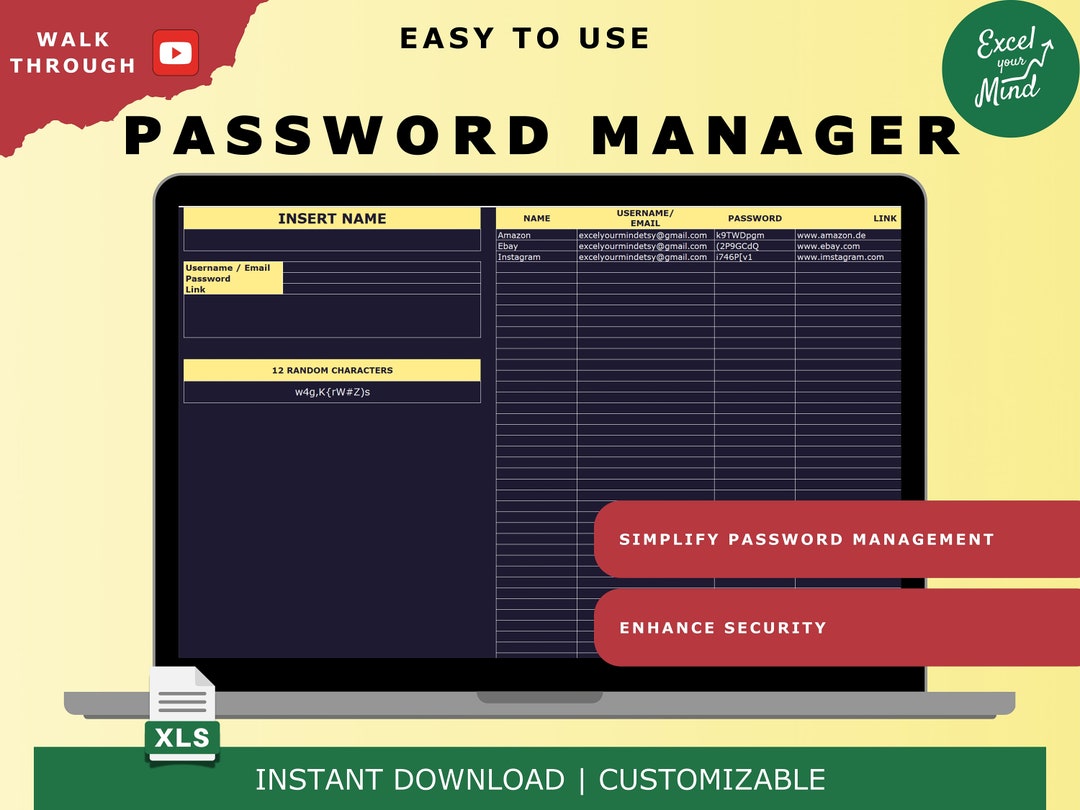 Password Manager Excel Accounts Tracker Spreadsheet Template With ...