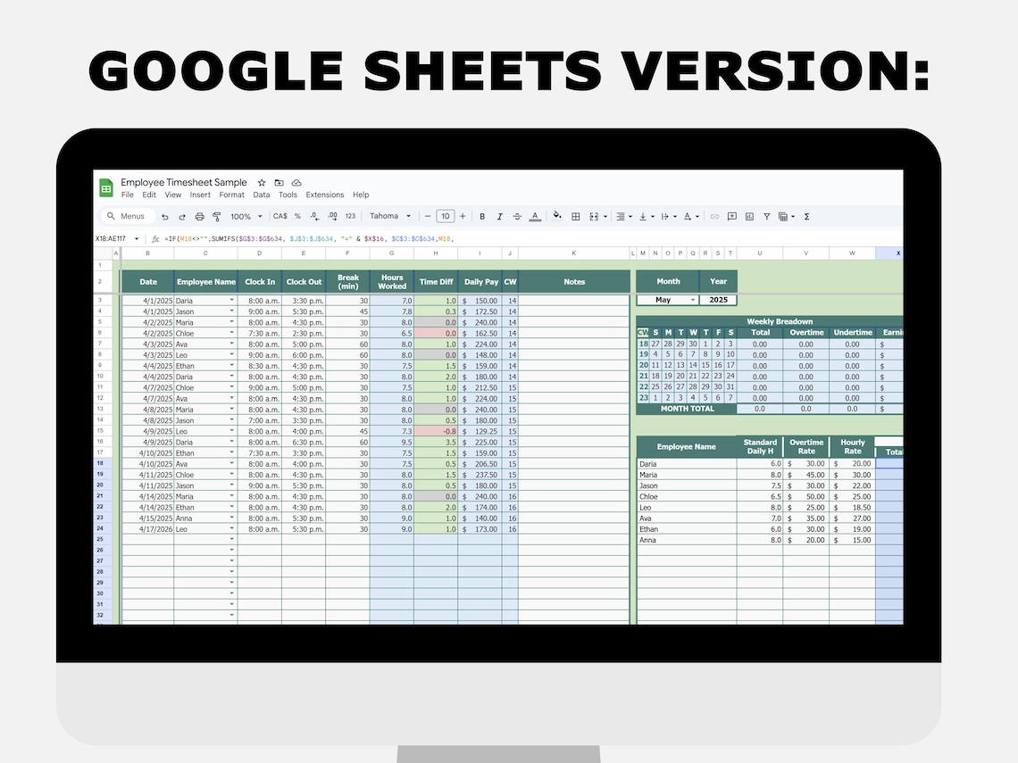 Employee Timesheet: Overtime, Payroll Hours Tracker (excel & Google ...