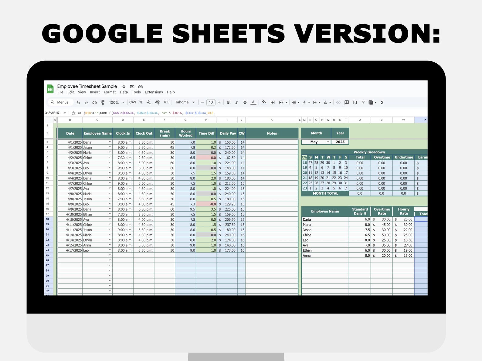 Employee Timesheet: Overtime, Payroll Hours Tracker (excel & Google ...