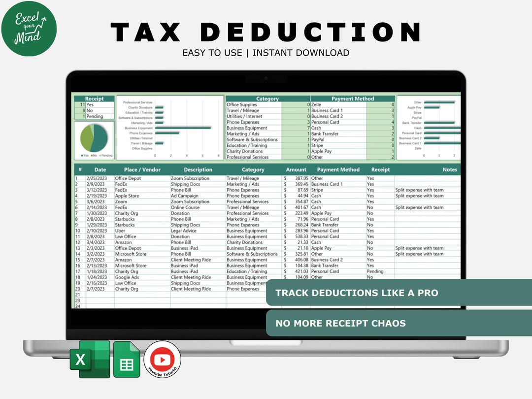Tax Deduction Tracker With Dashboard: Business Expense Log, Receipt ...