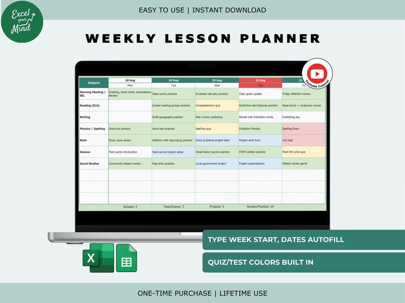 Weekly Lesson Plan Template: Auto Dates, Subject Grid, Printable for ...
