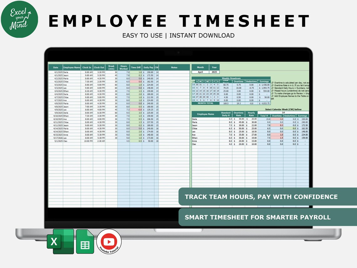 Employee Timesheet: Overtime, Payroll Hours Tracker (excel & Google ...