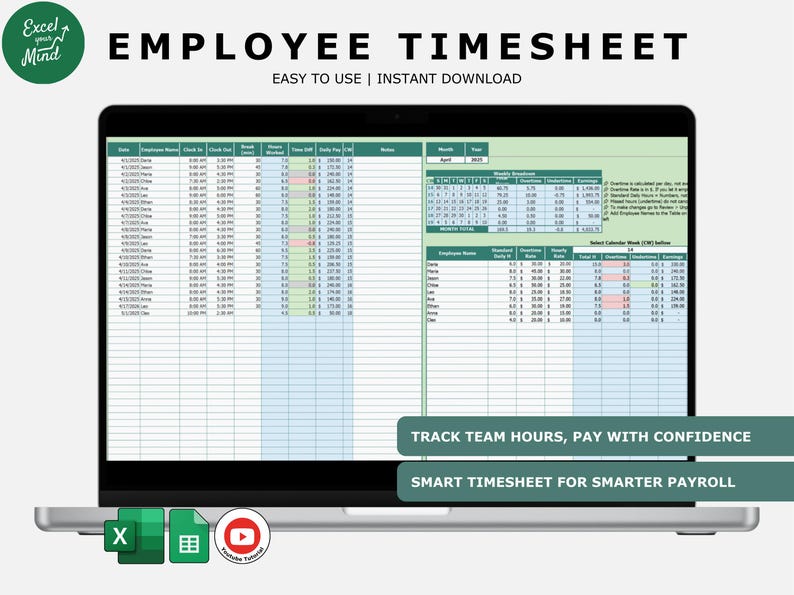 Employee Timesheet Tracker Excel Template | Multi-staff Clock in & Out Log, Overtime Payroll ...