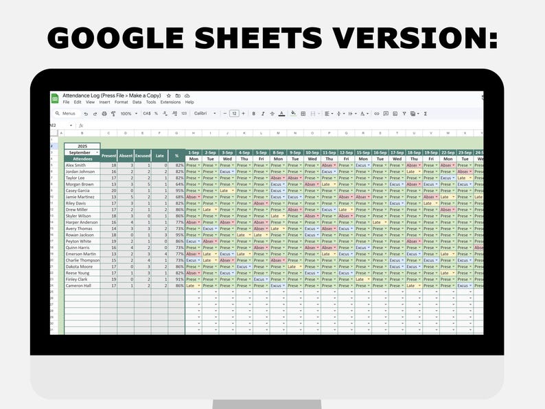 Employee Attendance Tracker: Color-coded HR Staff Log for Late, Absent ...