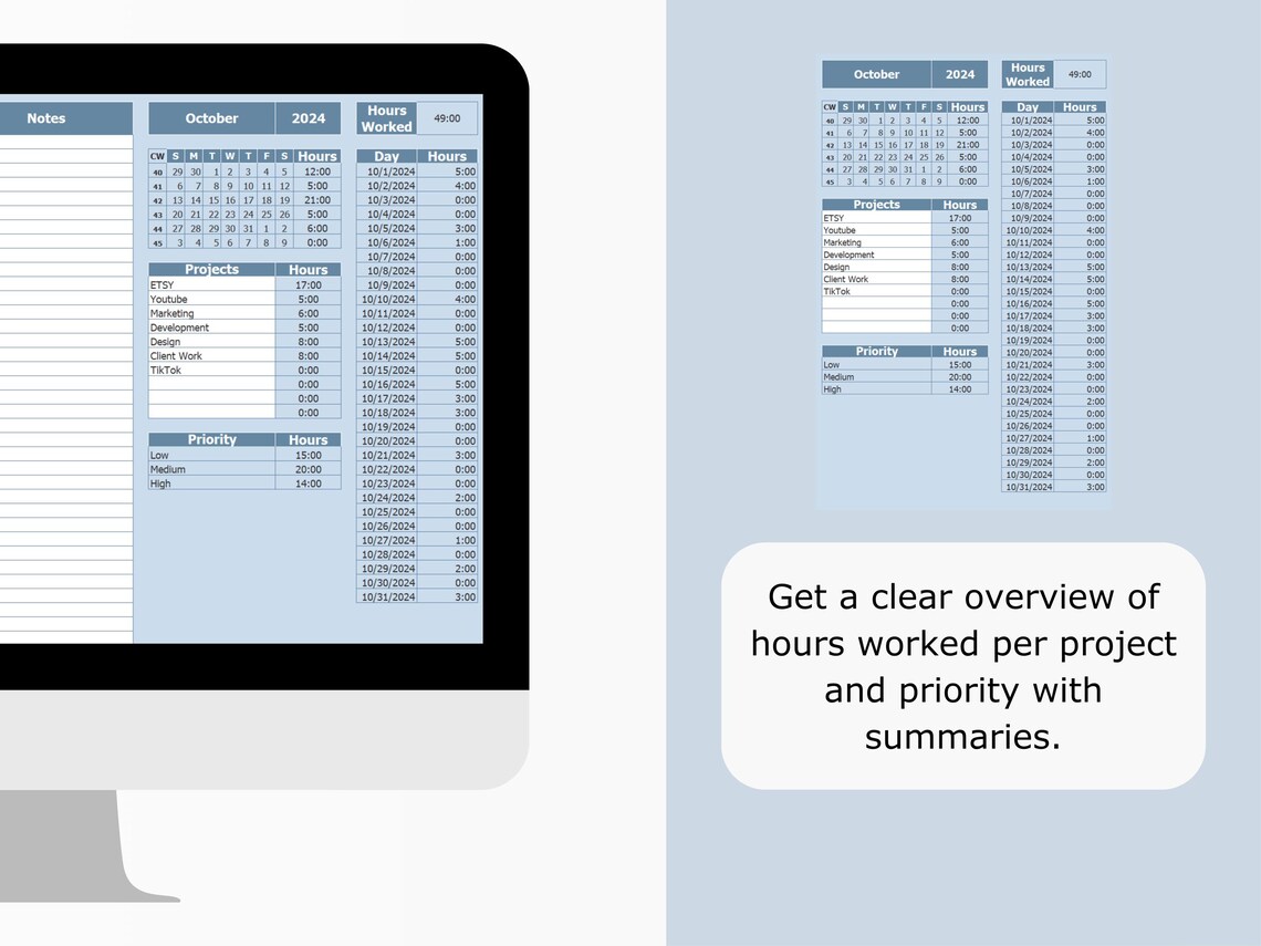 Daily Work Log With Auto Hour Calculation (excel & Google Sheets) - Etsy