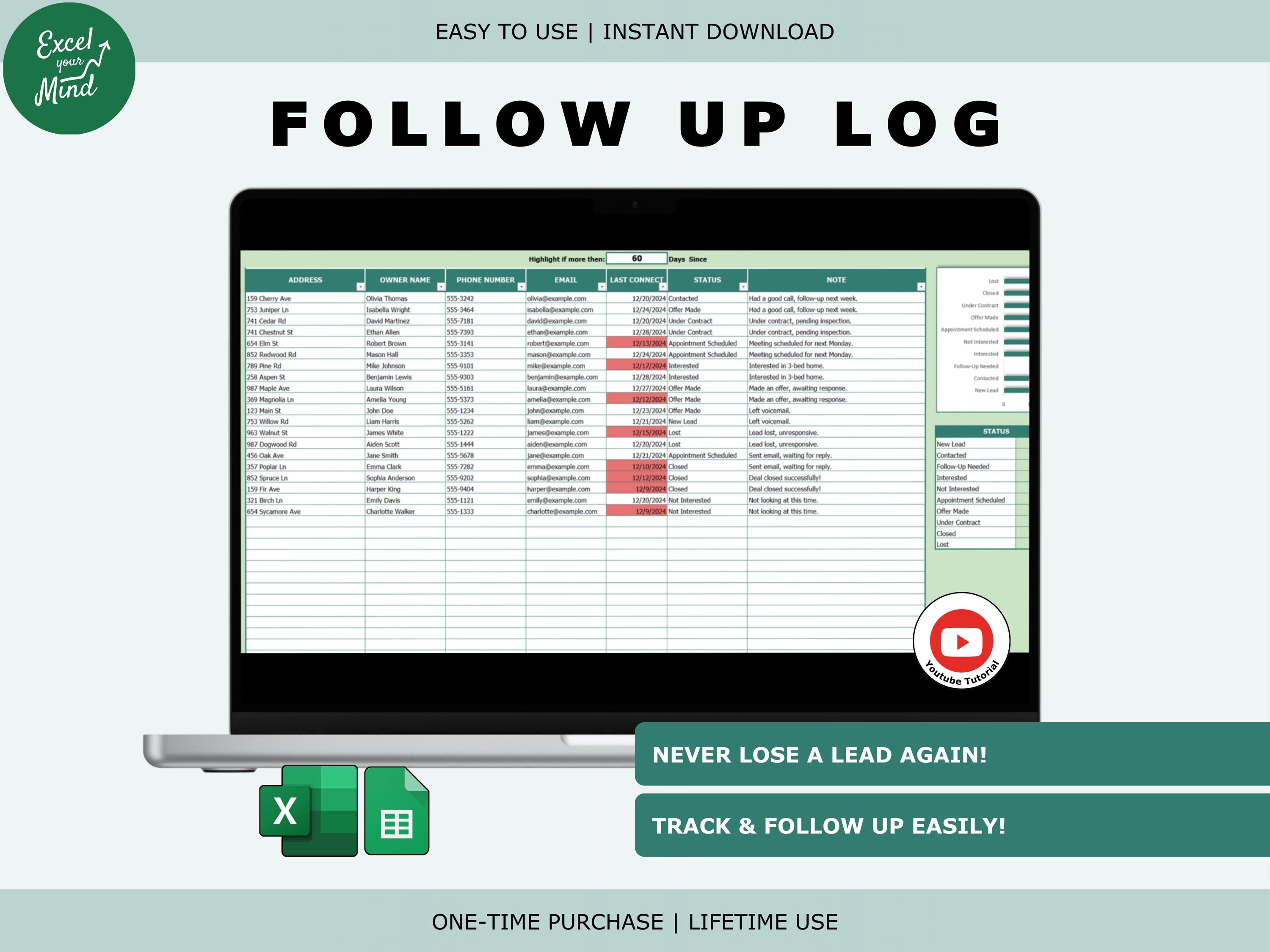 Lead Follow up Tracker | CRM for Real Estate & Sales (excel and Google ...