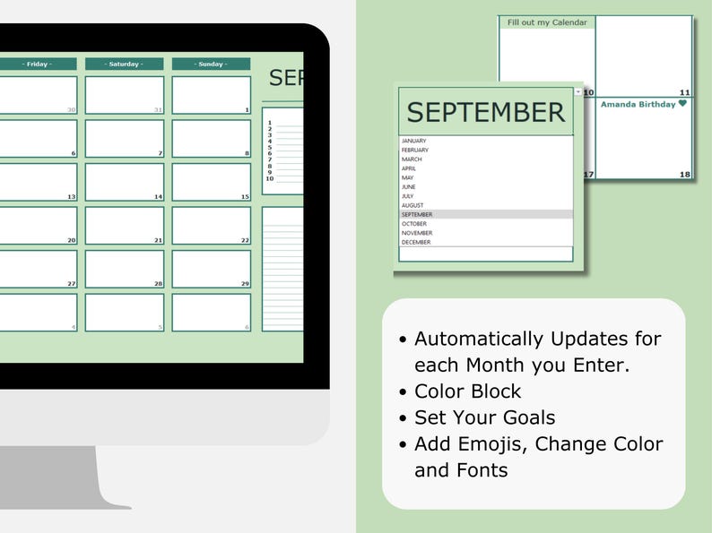 Editable Monthly Calendar Excel Undated Task Planner Customizable Auto ...