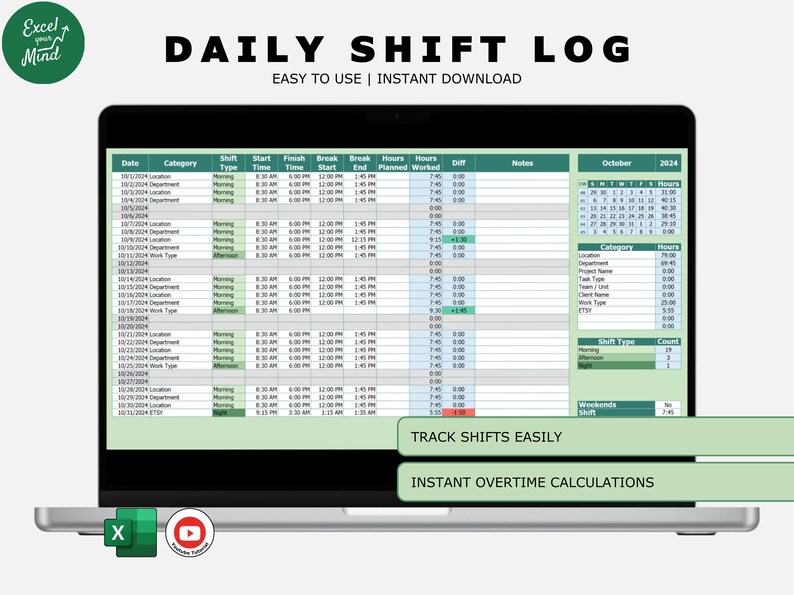 Daily Shift Log Template - Track Work Hours, Breaks & Overtime, Excel ...