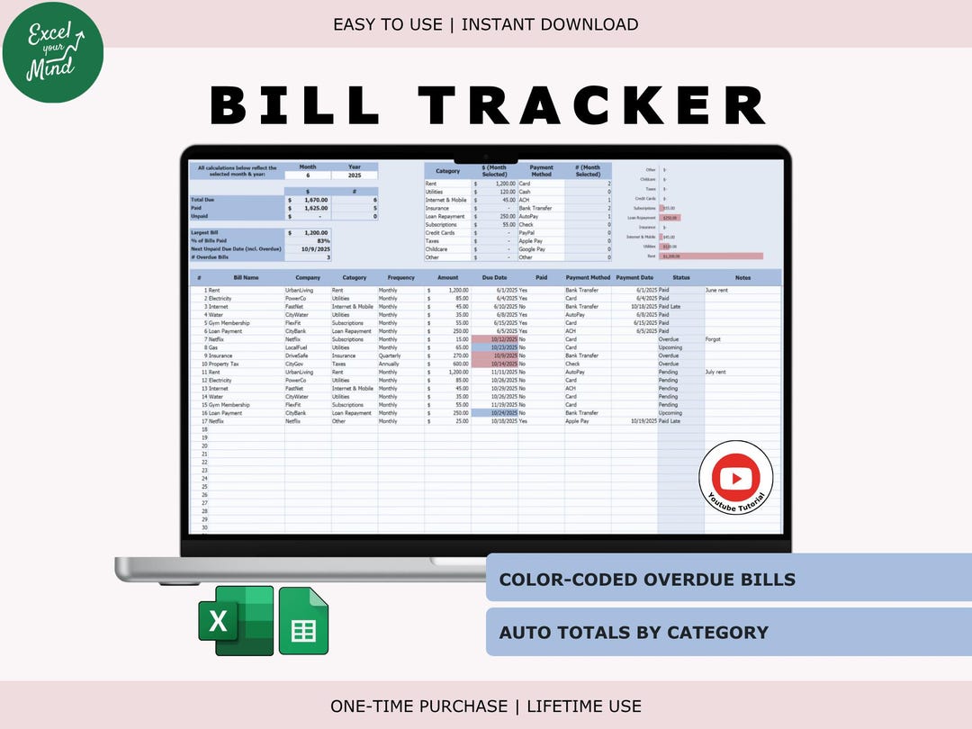 Bill & Payment Tracker Spreadsheet: Monthly Summary, Status Colors ...